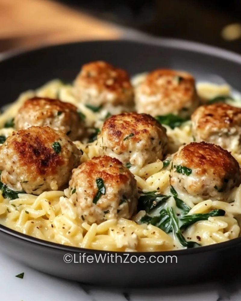 Creamy Lemon Chicken Ricotta Meatballs with Spinach Garlic Orzo