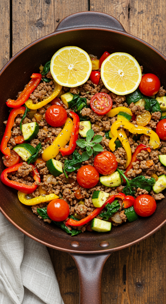 Mediterranean Ground Beef and Veggie Stir Fry