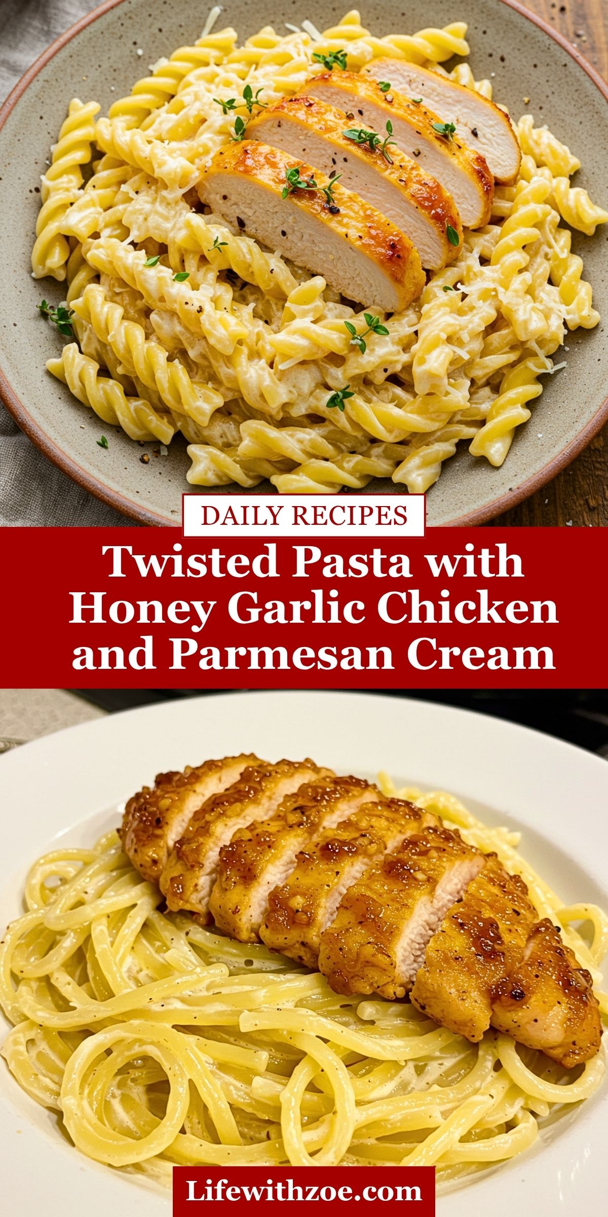 Twisted Pasta with Honey Garlic Chicken and Parmesan Cream