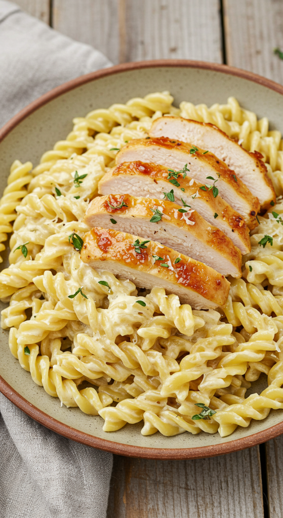 Twisted Pasta with Honey Garlic Chicken and Parmesan Cream