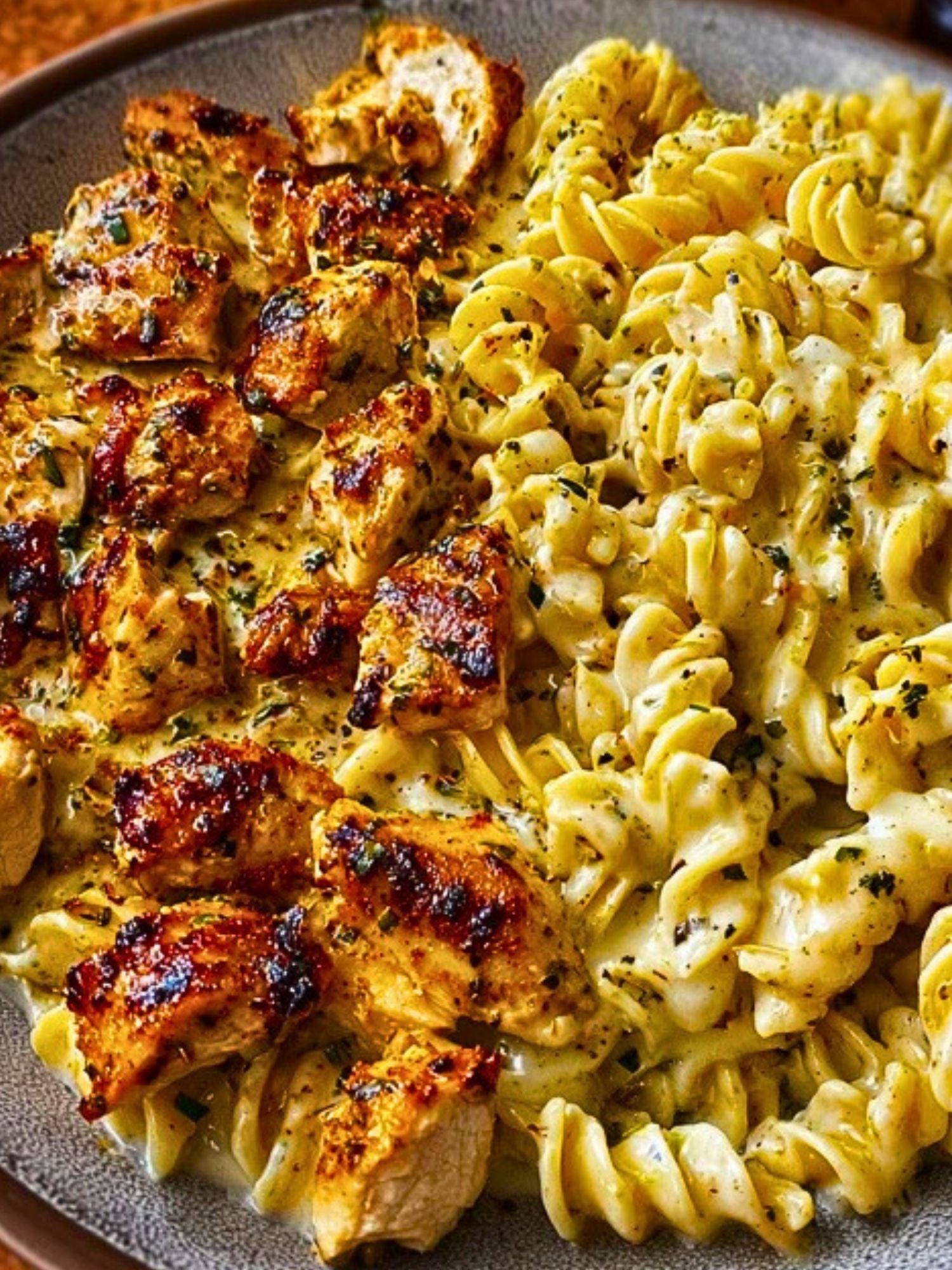 Cheesy Alfredo Twisted Pasta with Golden Garlic Butter Chicken in ...