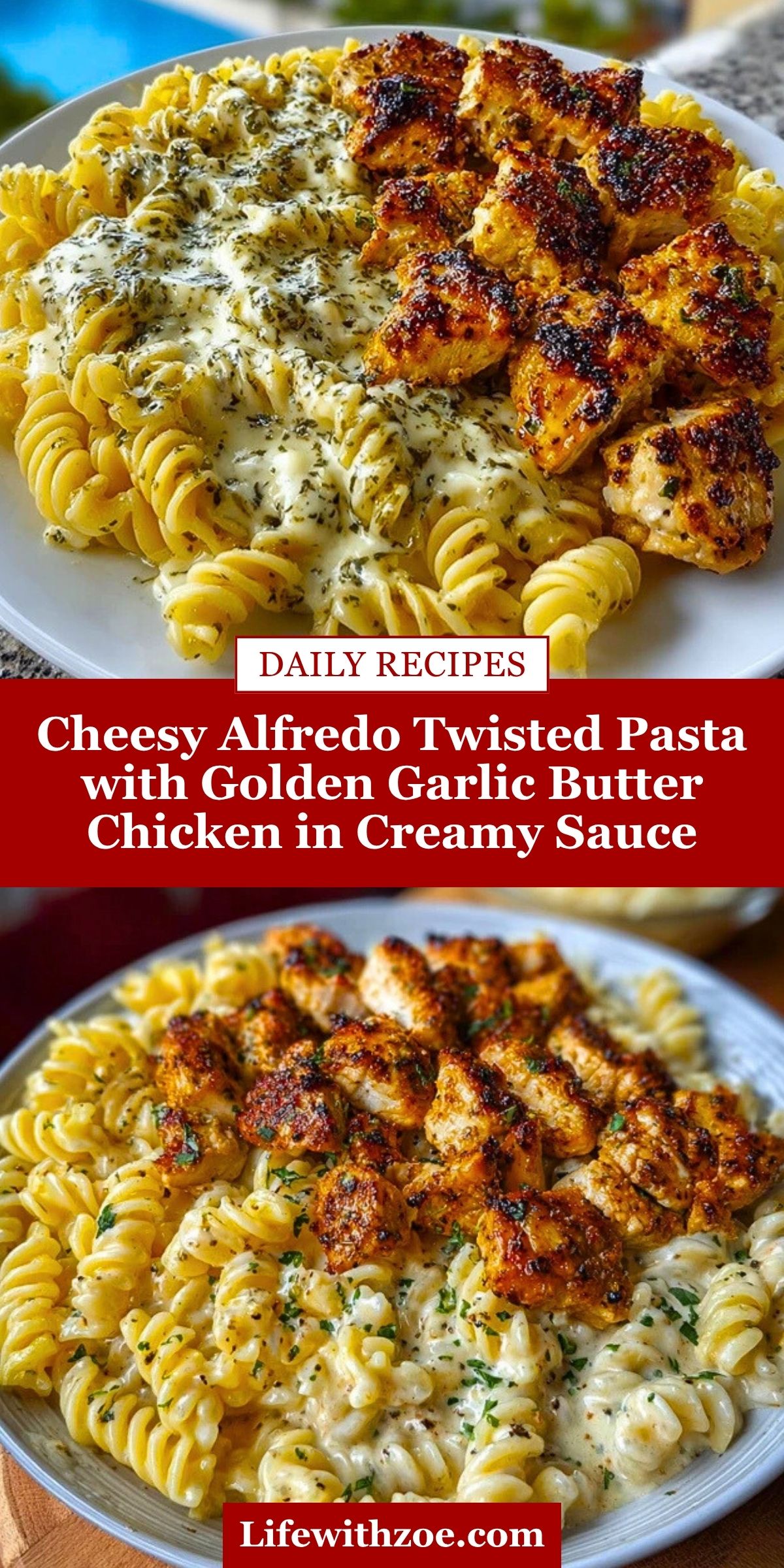 Cheesy Alfredo Twisted Pasta with Golden Garlic Butter Chicken in ...