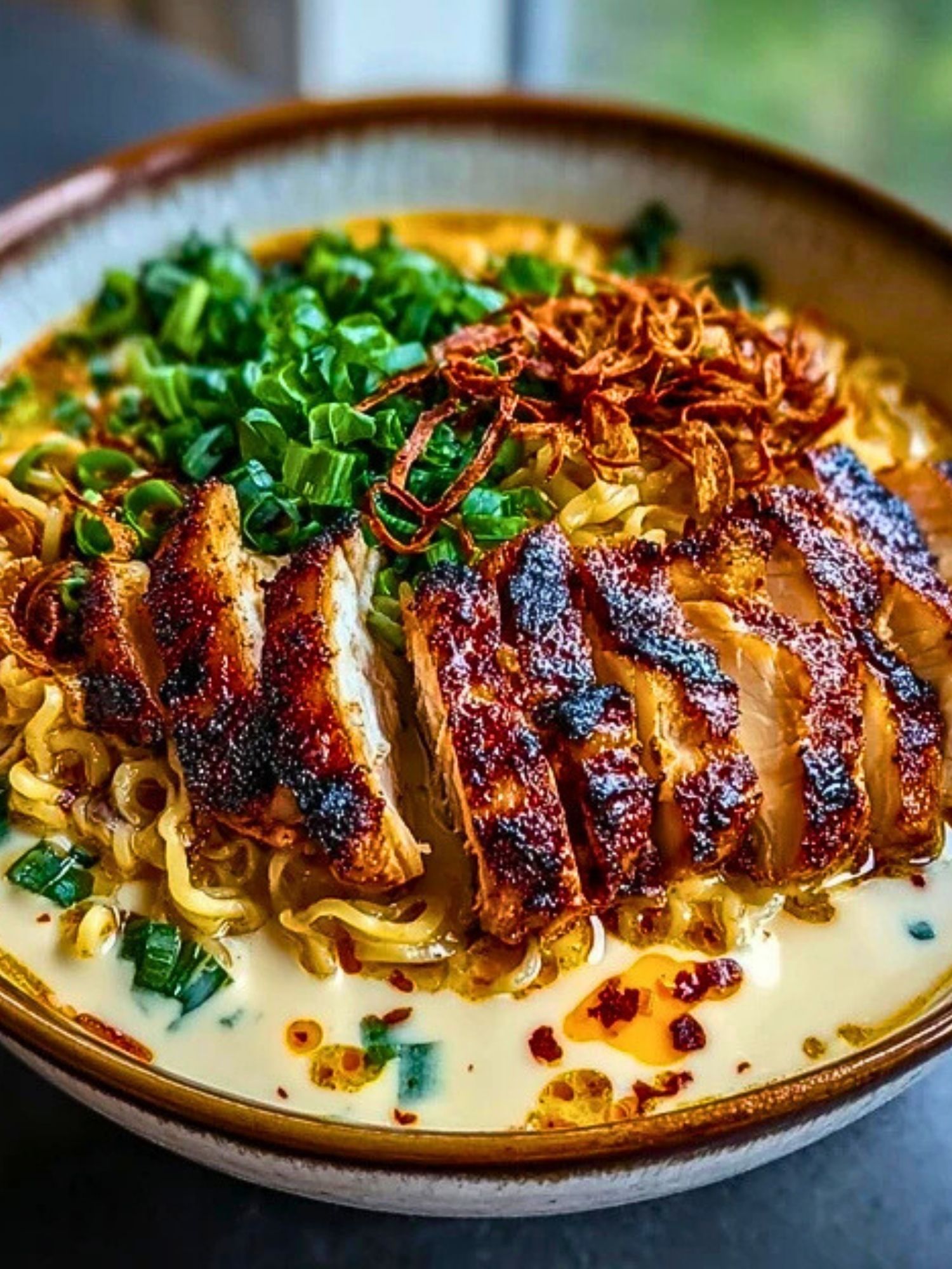 Fiery Chicken Ramen with Creamy Garlic Sauce