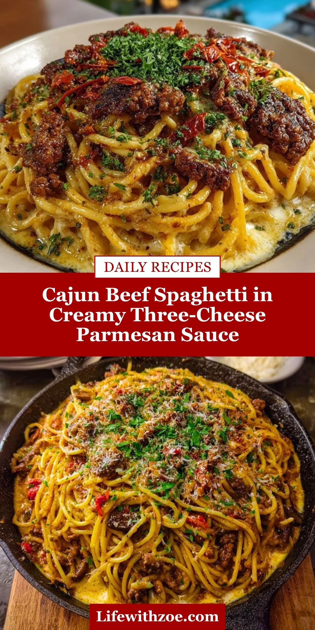 Cajun Beef Spaghetti in Creamy Three-Cheese Parmesan Sauce