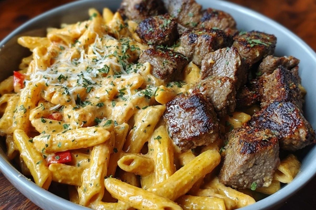 Cajun Steak Tips in Cheesy Penne Parmesan Sauce