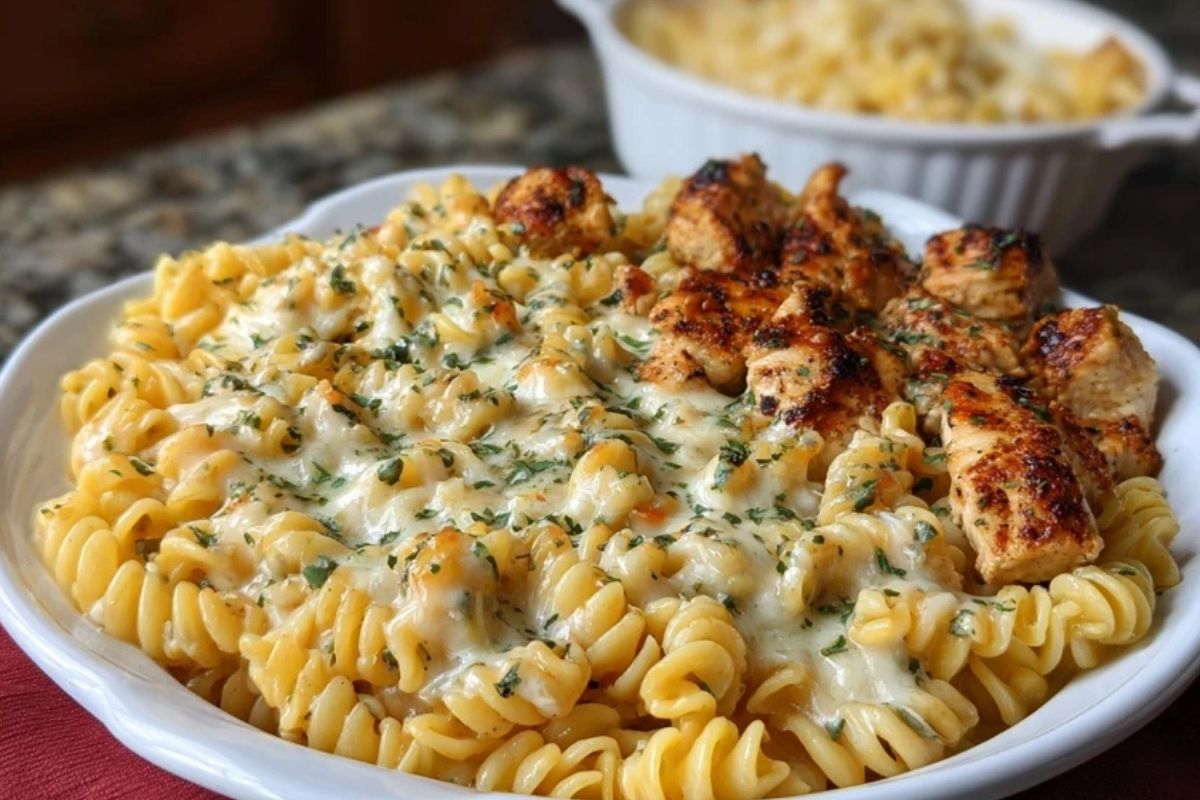 Cheesy Velveeta Chicken Twisted Pasta with Mozzarella Garlic Sauce