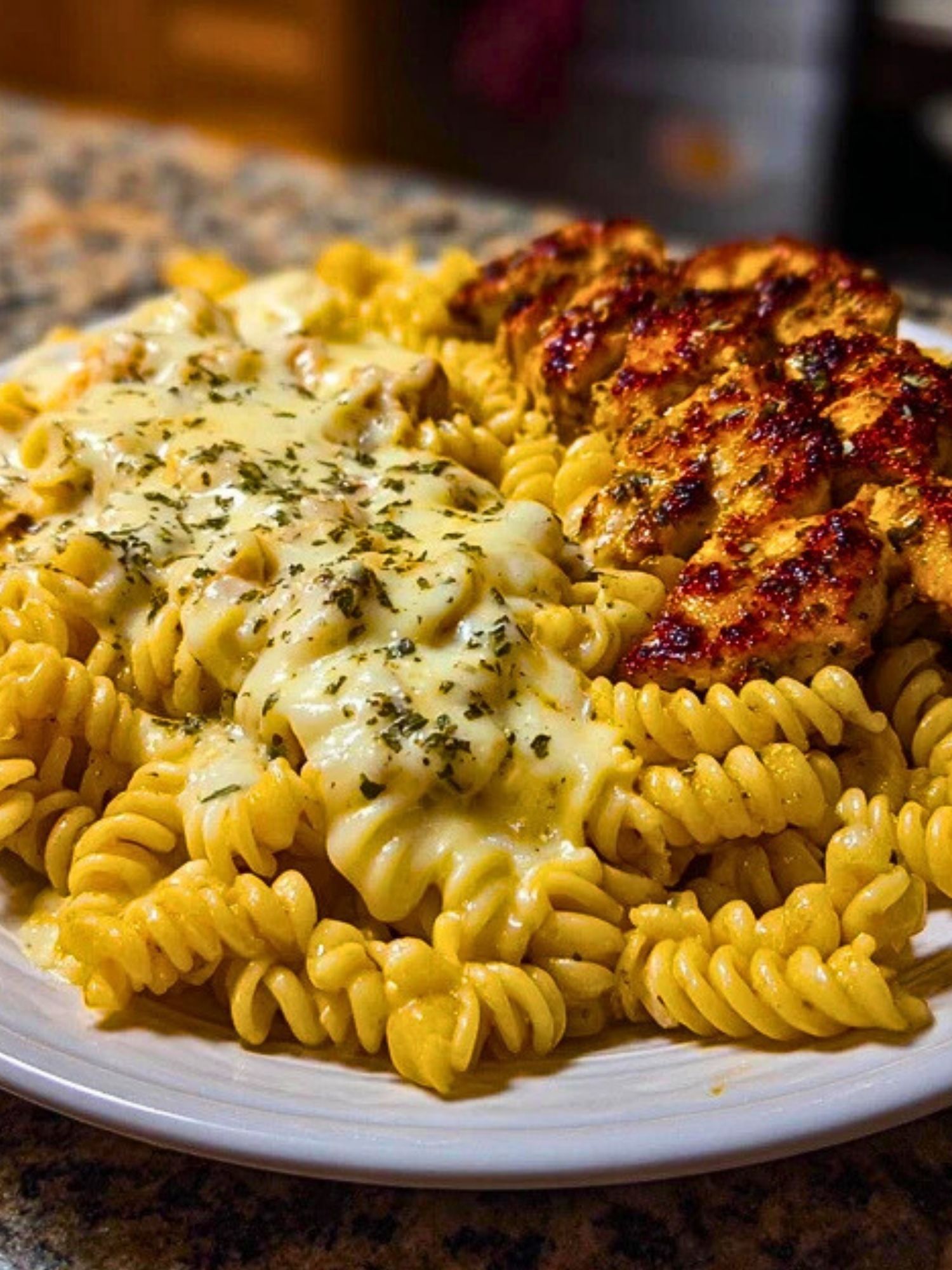 Cheesy Velveeta Chicken Twisted Pasta with Mozzarella Garlic Sauce