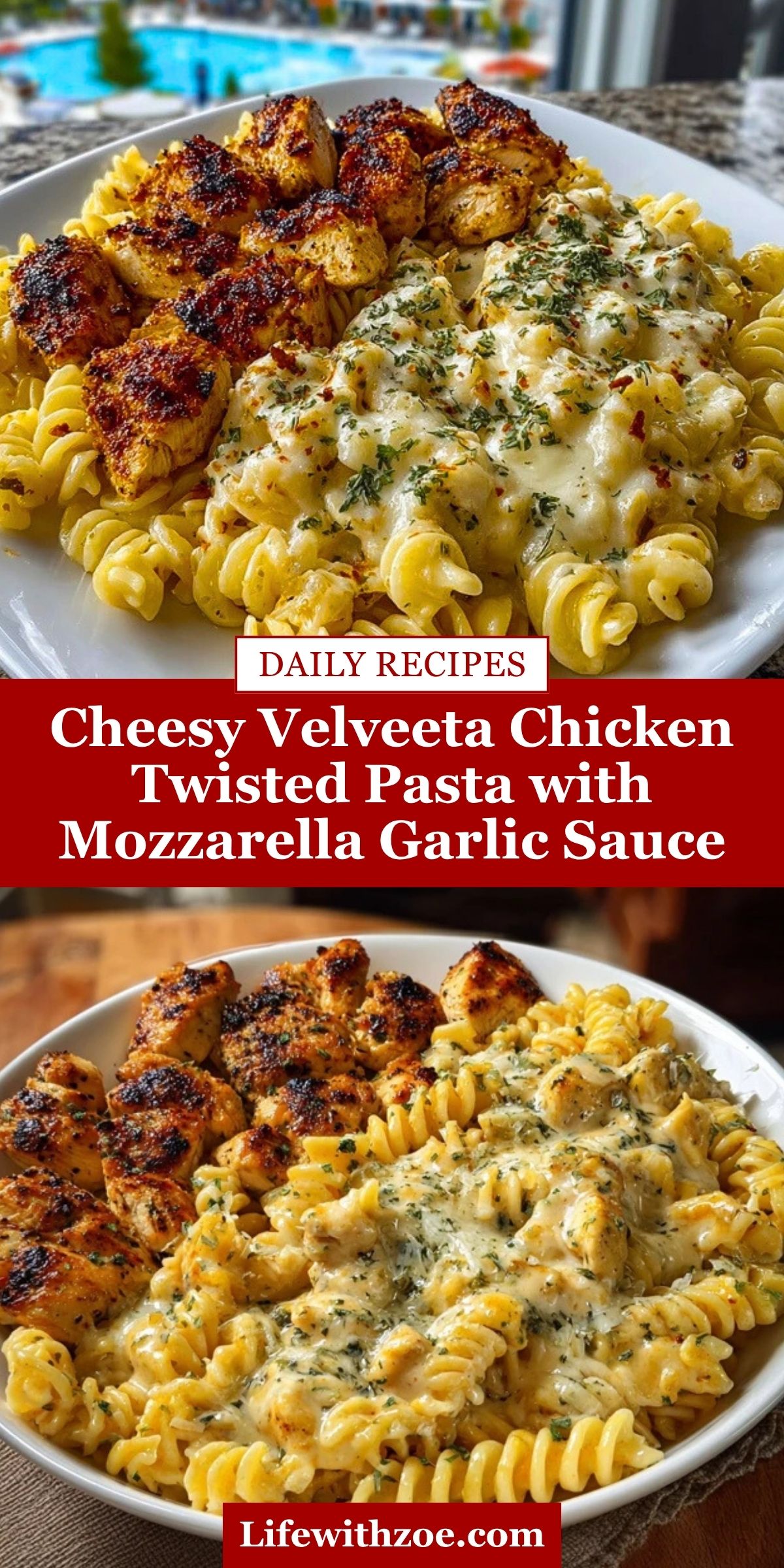 Cheesy Velveeta Chicken Twisted Pasta with Mozzarella Garlic Sauce