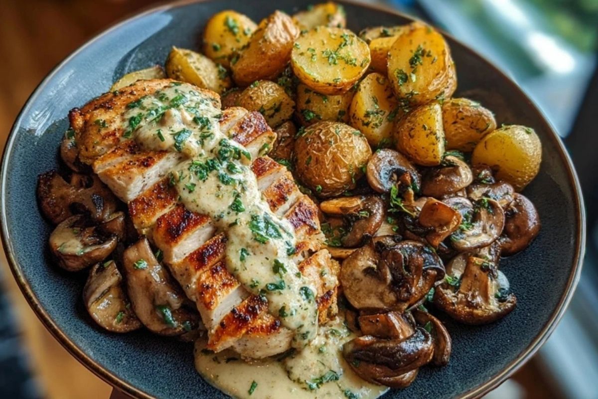 Chestnut Garlic Greek Chicken Alfredo with Sage Potatoes & Mushroom ...