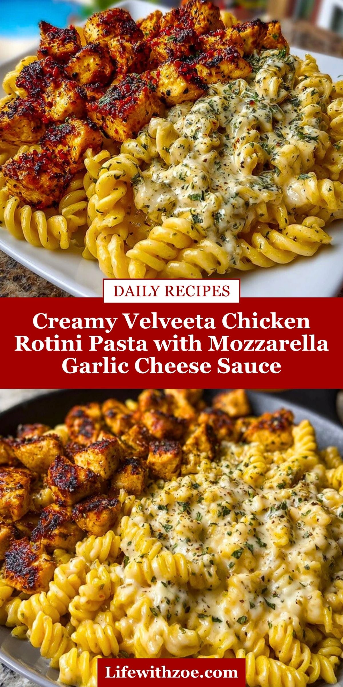 Creamy Velveeta Chicken Rotini Pasta with Mozzarella Garlic Cheese Sauce