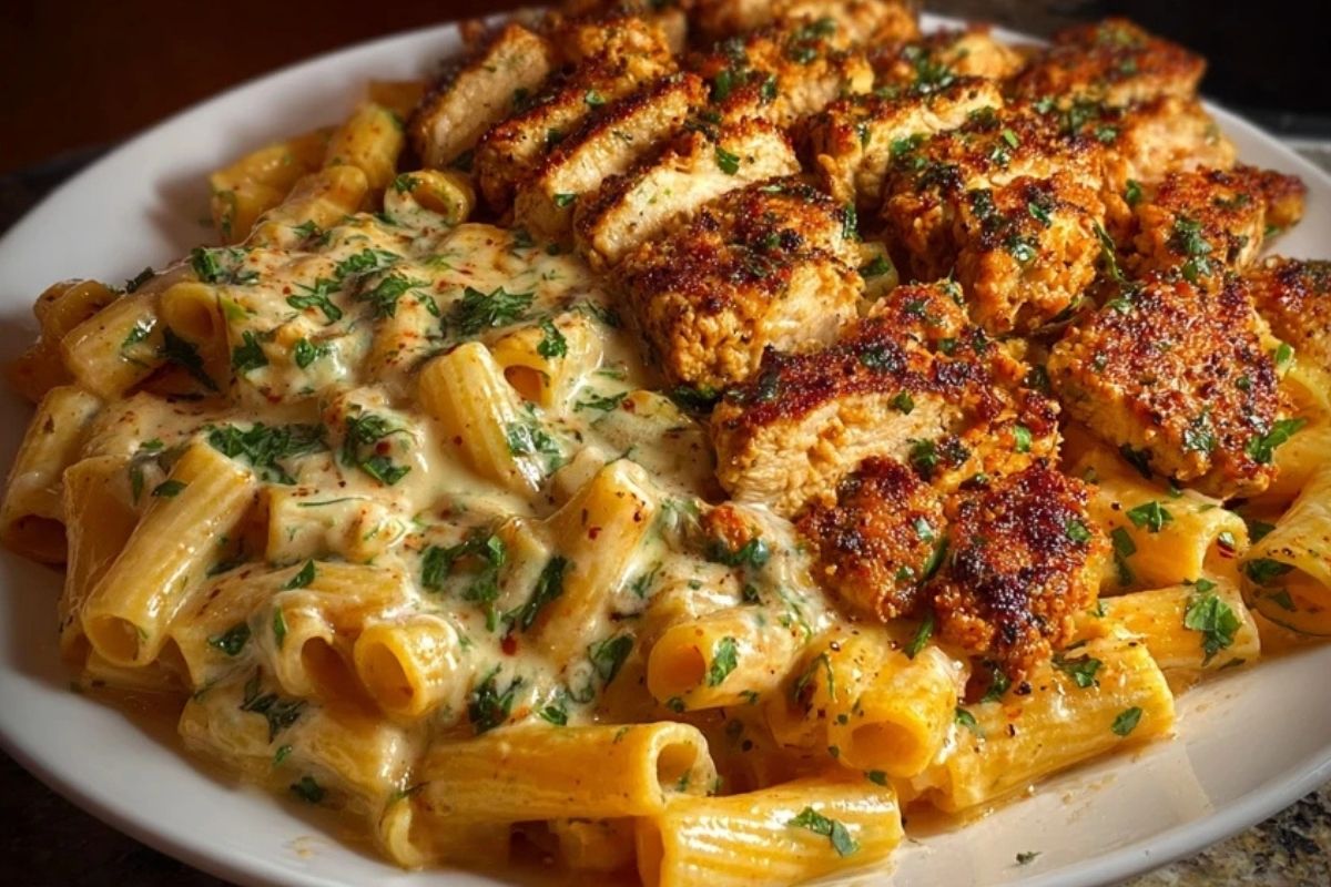 Spicy Cajun Chicken Rigatoni in Creamy Mozzarella Alfredo
