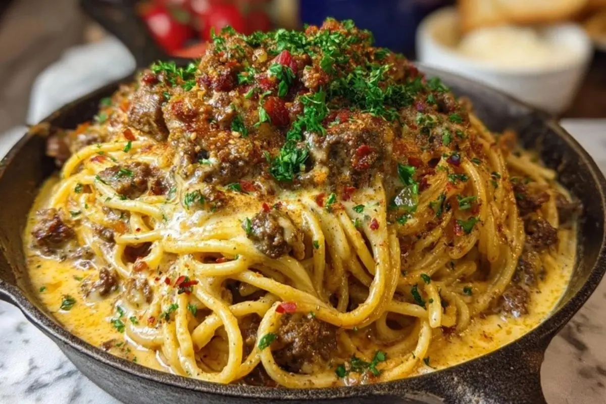 Creamy Cajun Beef Spaghetti with Three-Cheese Parmesan Sauce