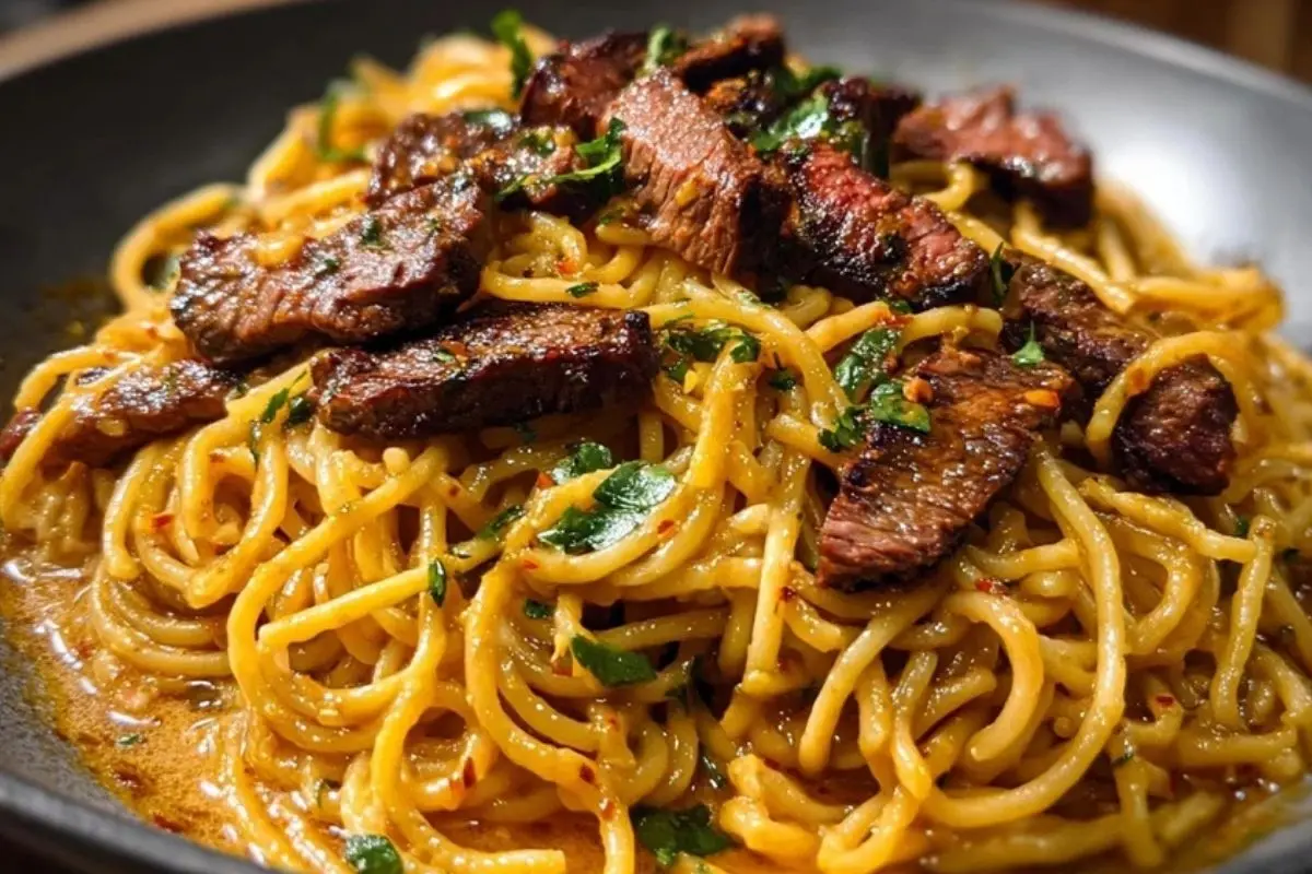 Creamy Cajun Garlic Butter Spaghetti with Beef Strips