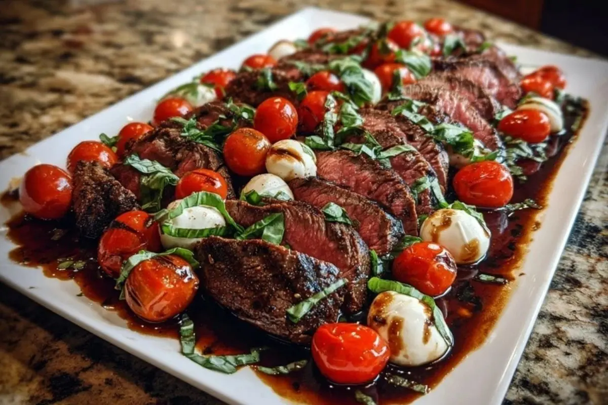 Grilled Balsamic Steak Caprese with Mozzarella, Tomatoes, and Basil