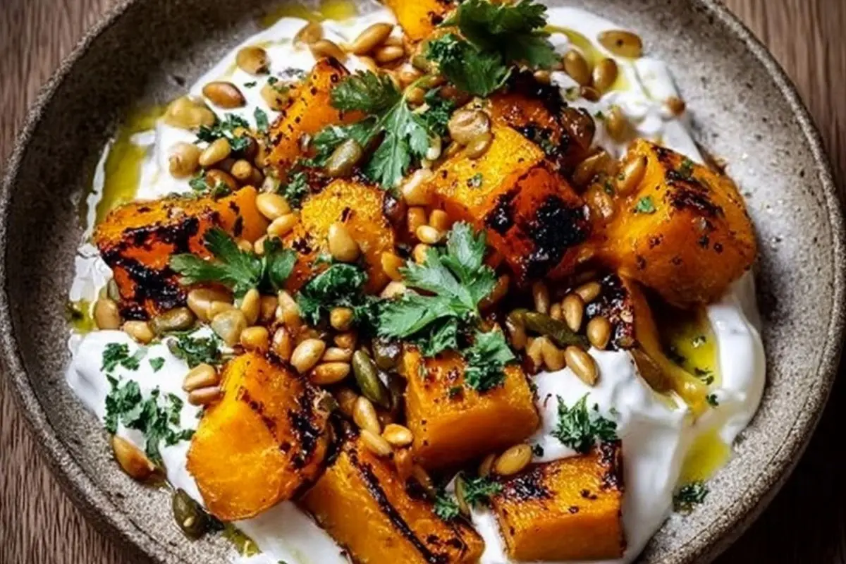 Savory Roasted Pumpkin with Creamy Lemon Yogurt and Crunchy Pine Nuts