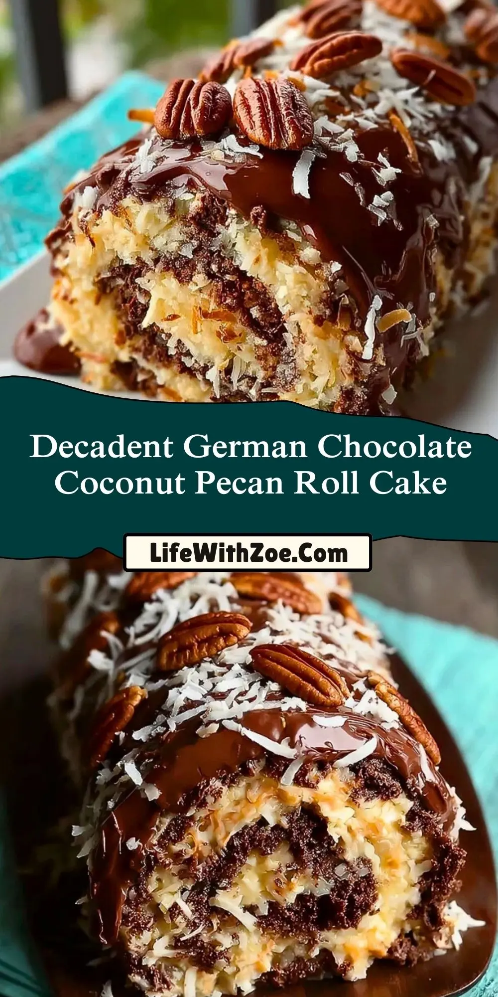 Decadent German Chocolate Coconut Pecan Roll Cake